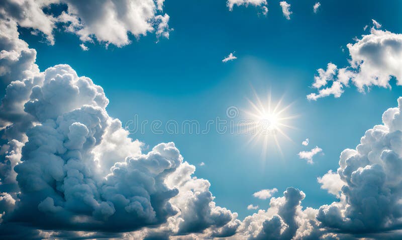Clear Blue Sky with Fluffy Clouds and Sun Stock Illustration ...