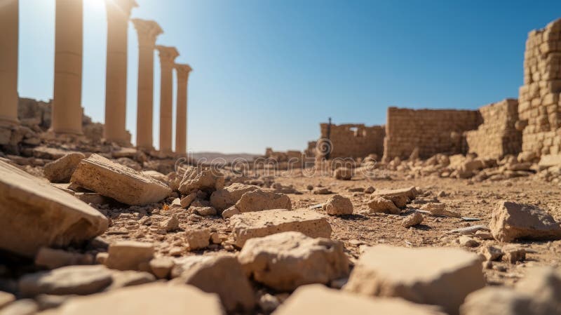 Clear Blue Sky Over Ancient Ruins with Scattered Rubble and Towering ...