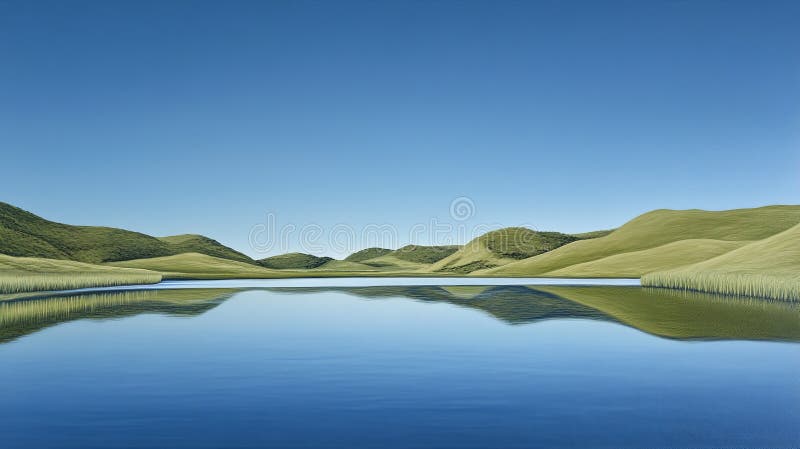 A Clear Blue Sky Reflected in a Calm Lake Surrounded by Soft Rolling ...