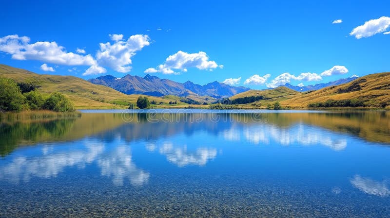 Clear Blue Sky Reflected Calm Lake Surrounded Soft Rolling Stock Photos ...