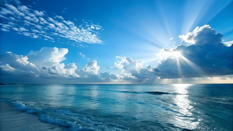 Blue Sky with Sun Rays Shining on Ocean Stock Illustration ...