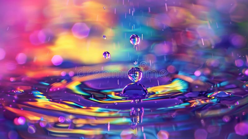 A Clear, Blue Water Drop Falling into a Pool of Rainbow Colored Water ...