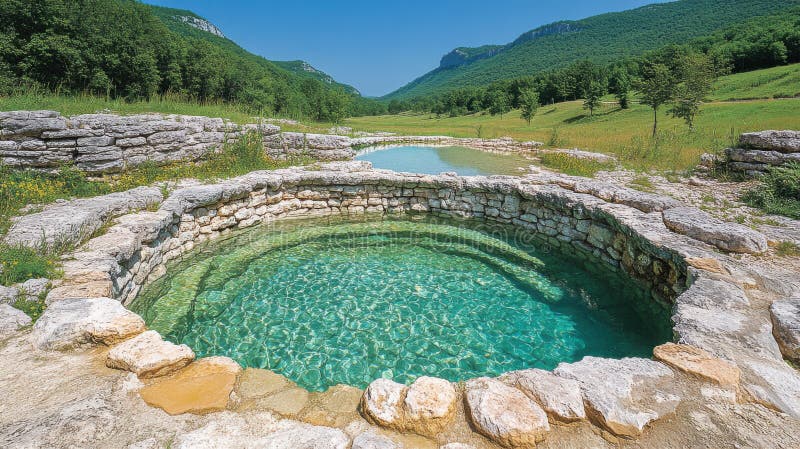 Clear Blue Water Pool Stone Basin Sunny Summer Day Landscape Stock ...