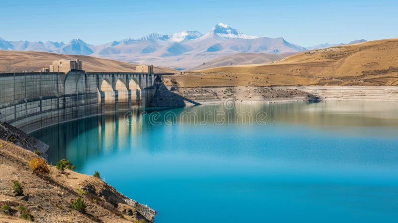 The Clear Blue Water of the Reservoir Held in Place by the Imposing Dam ...