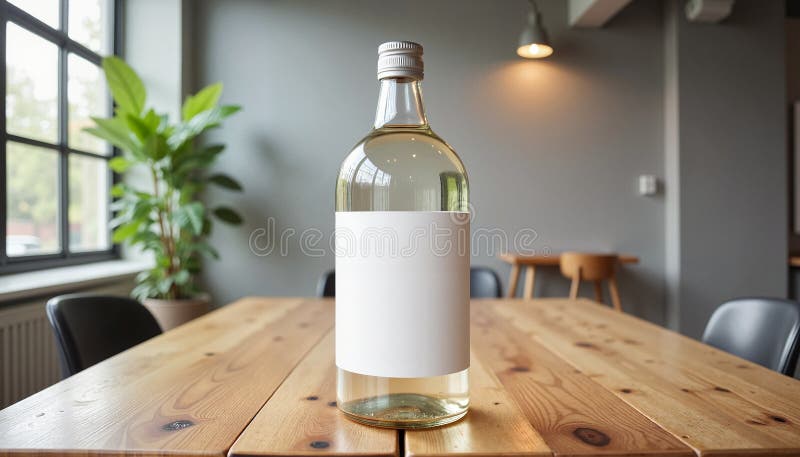 Clear Bottle Label Mockup on Wooden Table, Minimalistic Design Stock ...