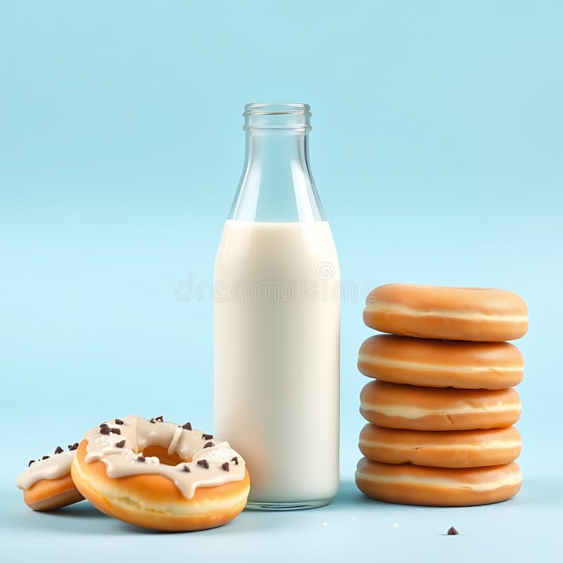 A Clear Bottle of Milk with a Stack of Donuts on a Pastel Blue ...