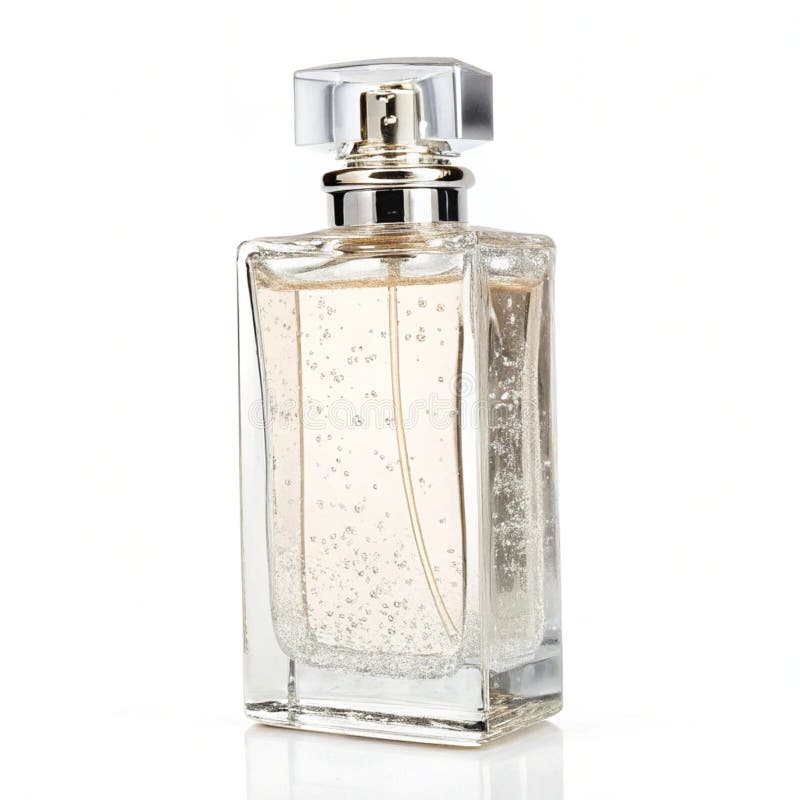 Clear Bottle of Perfume with a Silver Cap Isolated on White Background ...