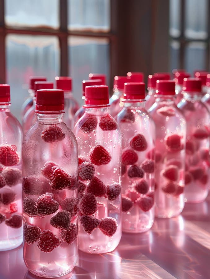 Clear Bottles of Raspberry-infused Water on a Sunny Windowsill Stock ...