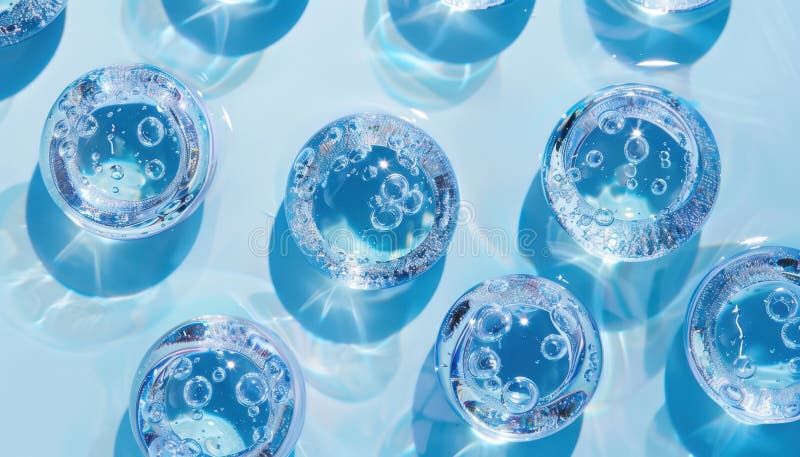 Clear Bubbles Floating on a Blue Background with Reflections and ...
