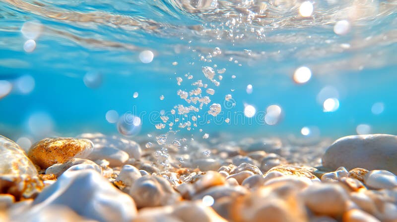 Clear Bubbles Rise from Colorful Pebbles Underwater, Creating a Dynamic ...