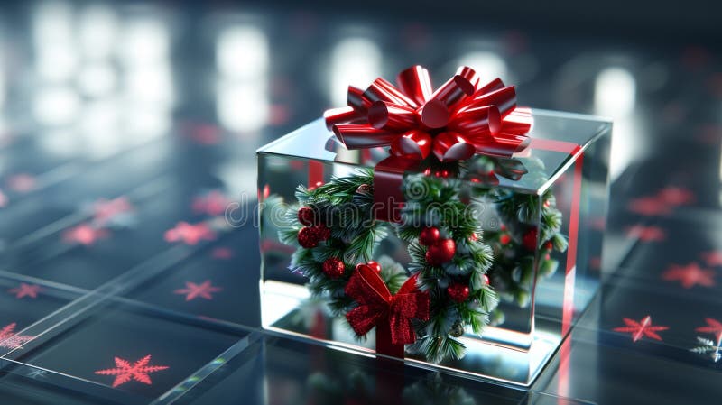 A Clear Christmas Gift Box with a Festive Wreath and a Bright Red Bow ...