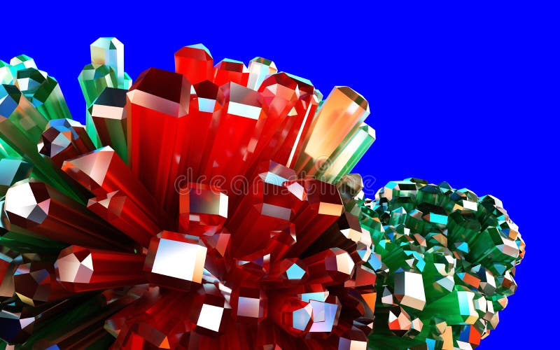 Clear Colorful Crystal Cluster Isolated on Blue Background. 3D ... Clear Colorful Crystal Cluster Isolated on Blue Background. 3D ...