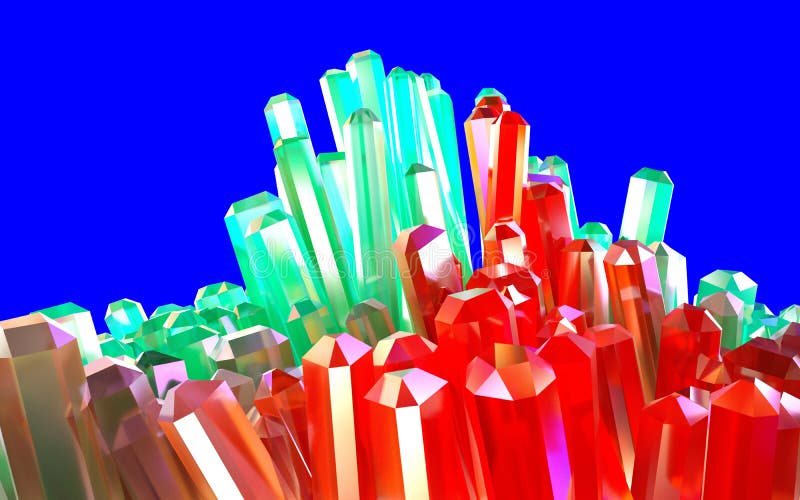 Clear Colorful Crystal Cluster Isolated on Blue Background. 3D ... Clear Colorful Crystal Cluster Isolated on Blue Background. 3D ...