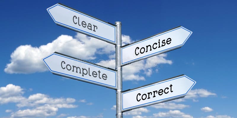 Clear, Concise, Complete, Correct - Metal Signpost with Four Arrows ... Clear, Concise, Complete, Correct - Metal Signpost with Four Arrows ...