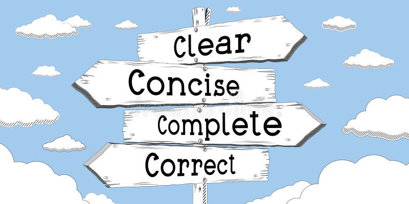 Clear, Concise, Complete, Correct - Outline Signpost with Four Arrows ... Clear, Concise, Complete, Correct - Outline Signpost with Four Arrows ...