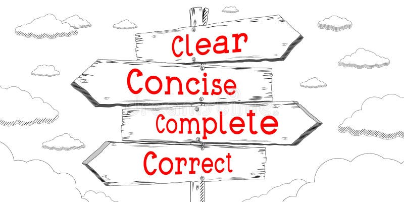 Clear, Concise, Complete, Correct - Outline Signpost with Four Arrows ... Clear, Concise, Complete, Correct - Outline Signpost with Four Arrows ...