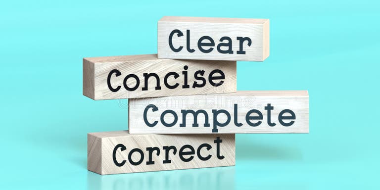 Clear, Concise, Complete, Correct - Words on Wooden Blocks Stock ...