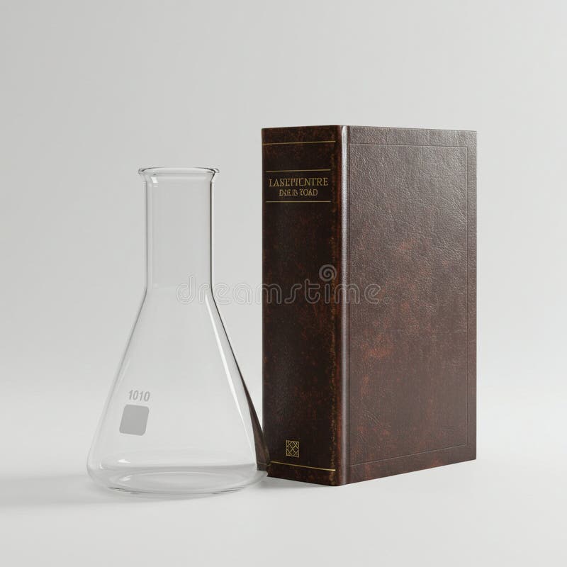 A Clear, Conical Erlenmeyer Flask Stands beside a Thick, Textured ...