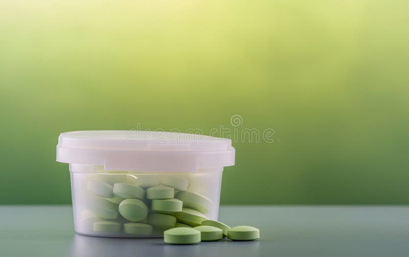 Green Tablets in a Clear Container on a Simple Surface with a Blurred ...