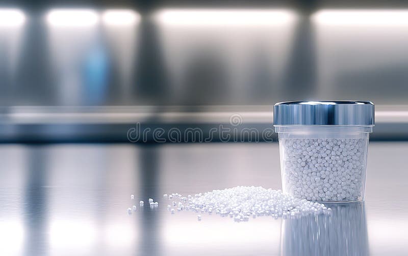Clear Container with Small White Pellets Spilled on a Shiny Surface in ...