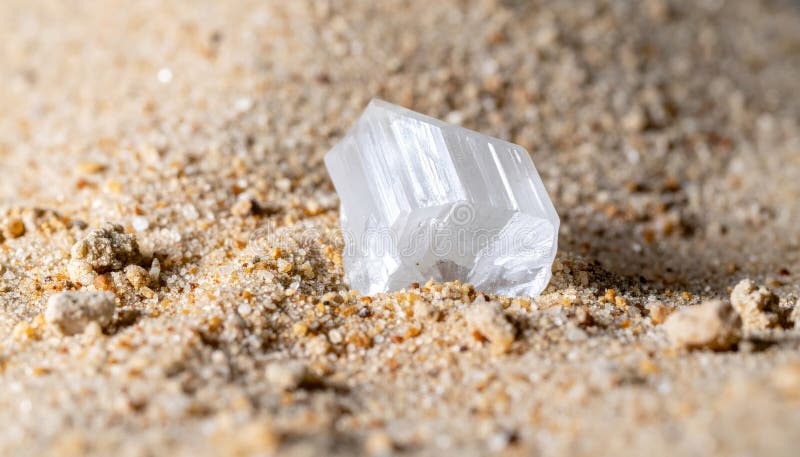 Clear Crystal on Sandy Ground, Sand Grains Transforming into ...