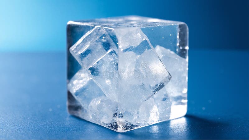 A Clear Cube of Ice with Several Cubes Inside, Set Against a Blue ...