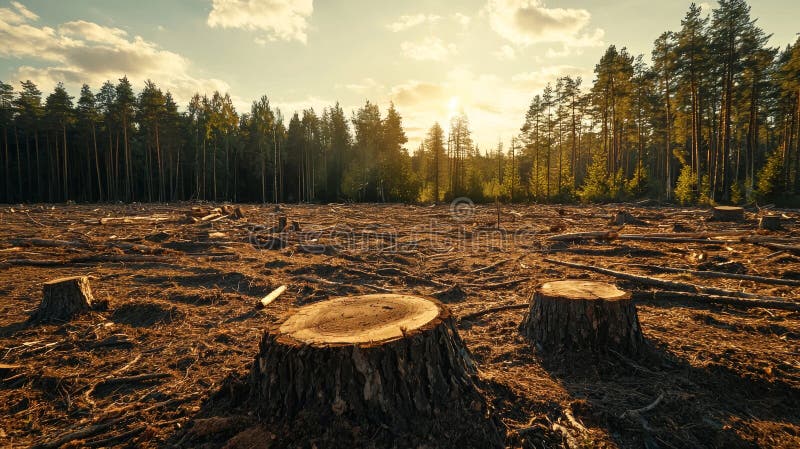Clear Cut Forest with Scattered Tree Stumps in Bright Sunset Light ...