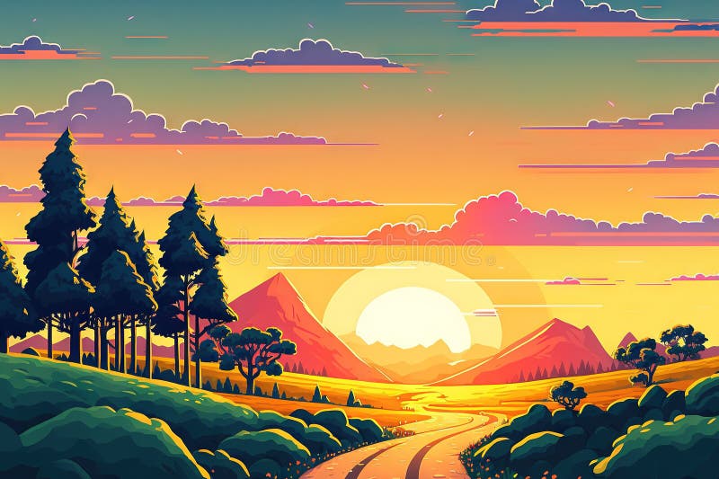 A Clear Days Sunset Landscape Stock Illustration - Illustration of ...