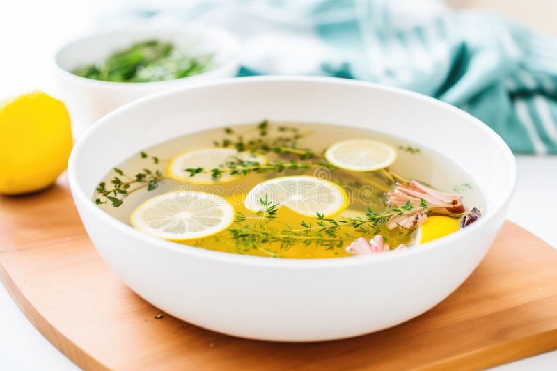 Clear Detox Broth with Floating Herbs and Lemon Slices, Detoxifying ...