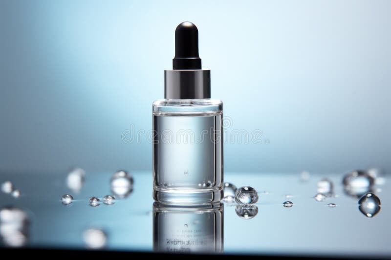Clear Dropper Bottle on Reflective Surface Stock Photo - Image of ...