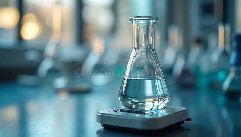 Laboratory Erlenmeyer Flask with Liquid on Platform Stock Illustration ...