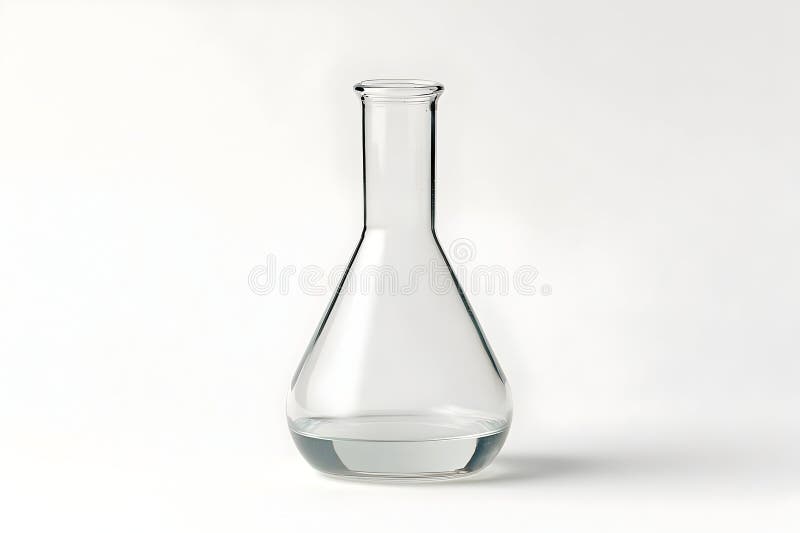 Clear Erlenmeyer Flask with Small Amount of Liquid on White Background ...