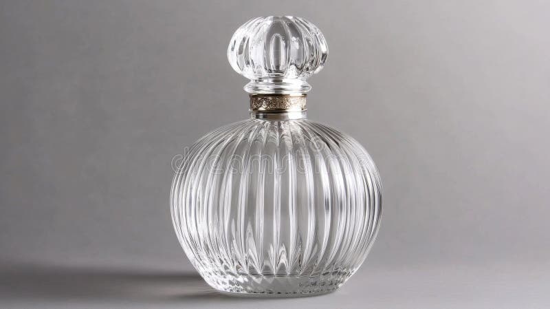 Clear Faceted Glass Perfume Bottle with Silver Cap on Grey Background ...