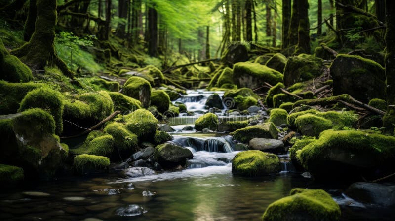 Clear Forest Brook Lined with Moss Stock Illustration - Illustration of ...