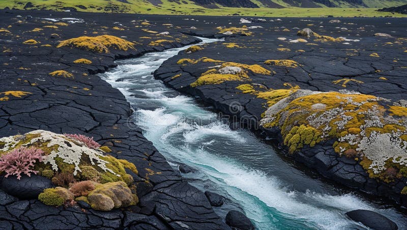 Clear Glacial Stream Cutting through Black Lava Field Dotted with ...
