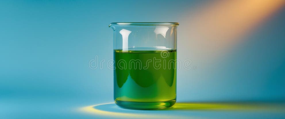 Green Liquid in Beaker on Blue Background, Lit with Warm Light Science ...