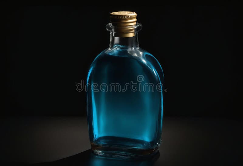 A Clear Glass Bottle Filled with a Bright Blue Liquid Against a Dark ...