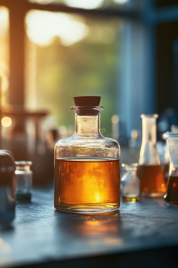A Clear Glass Bottle Filled with Liquid Sits on a Table, Ready for Use ...