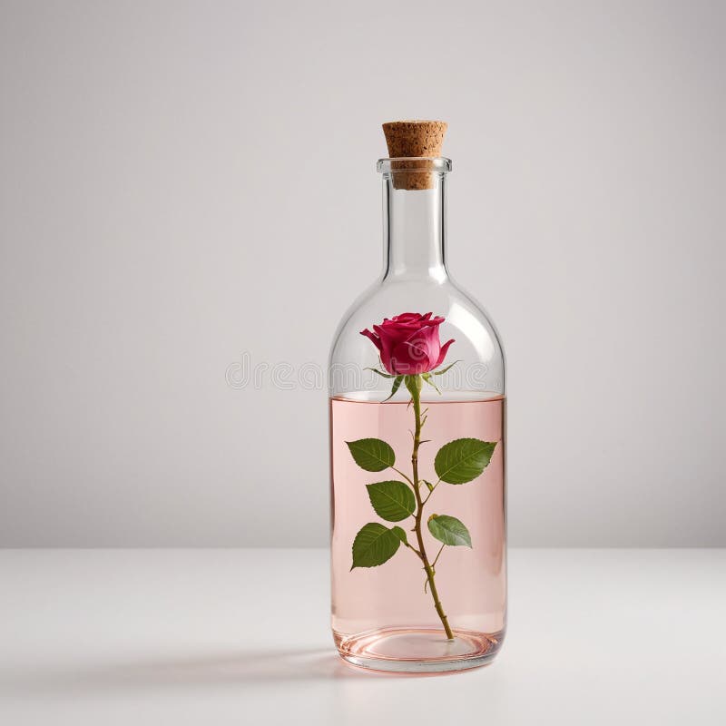 Clear Glass Bottle with Rose on White Background Stock Illustration ...