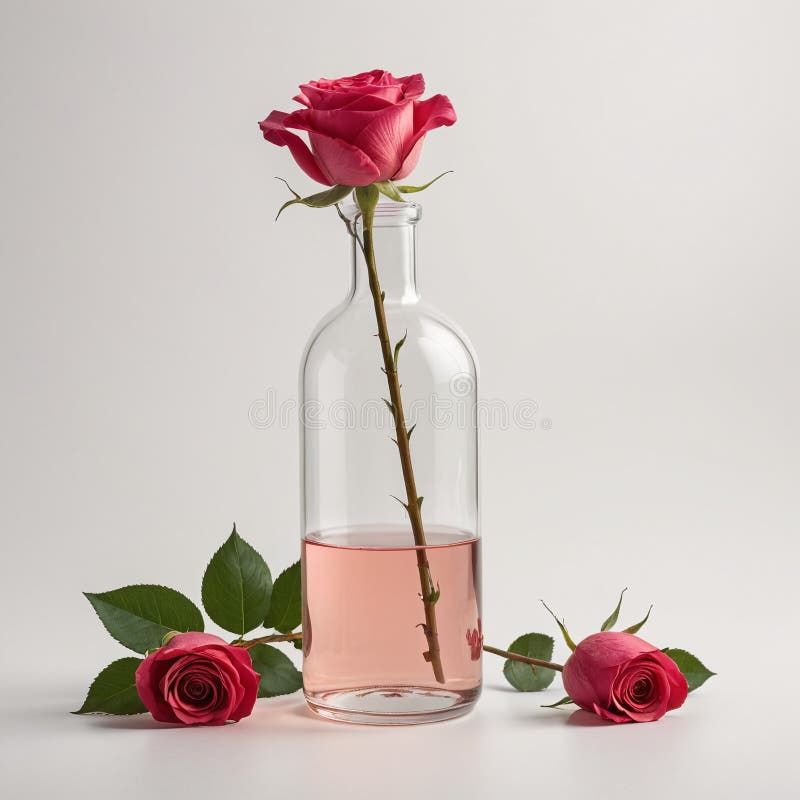 Clear Glass Bottle with Rose on White Background Stock Illustration ...