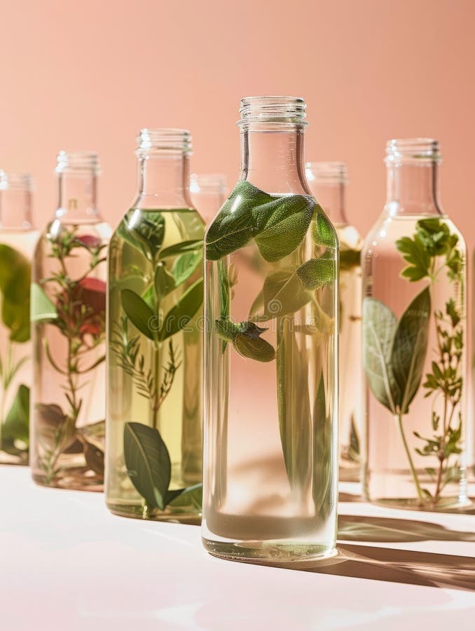 Clear Glass Bottles with Herb Infusions on a Light Background. Stock ...