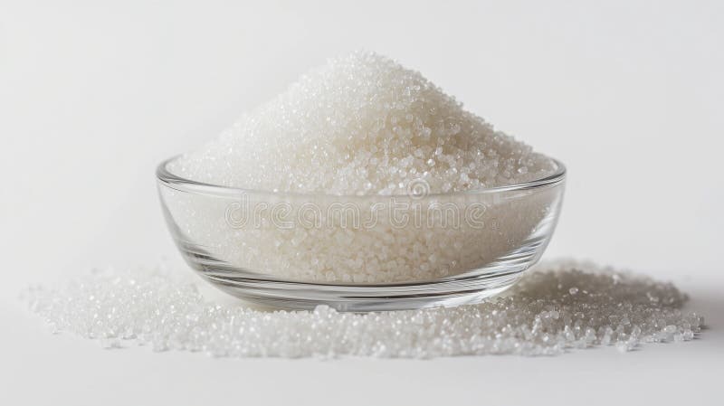A Clear Glass Bowl Filled with White Granulated Sugar Sits on White ...