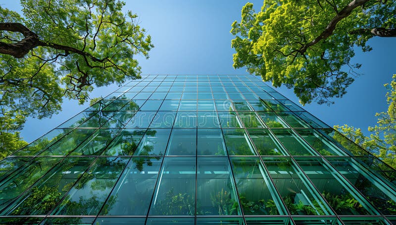 A Clear Glass Building with Green Trees and a Blue Sky Stock ...
