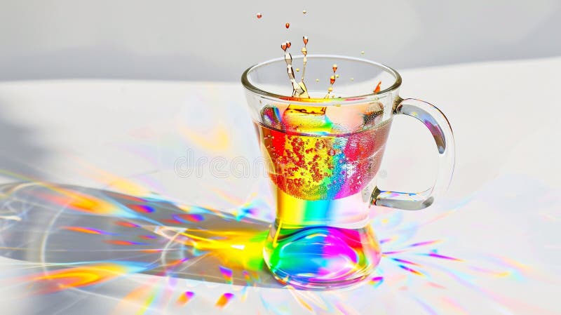 A Clear Glass Coffee Cup with a Rainbow Explosion Inside, Colors Refracting through the Glass ...