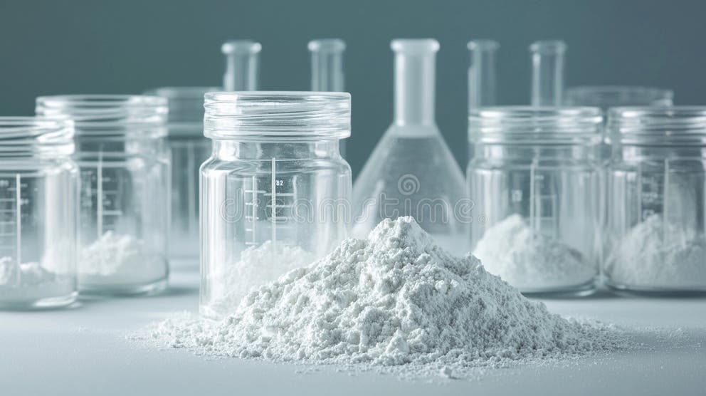 Laboratory Setup Featuring Glassware and Powdered Substances during a ...