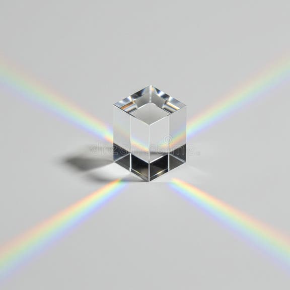 A Clear Glass Cube Prism Sits on a Plain Surface. Light Refracts ...