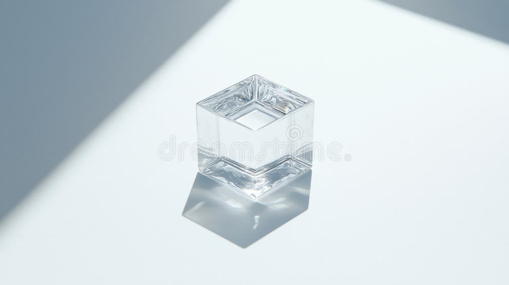 A Clear Glass Cube Sits on a White Surface, Casting a Shadow on the ...
