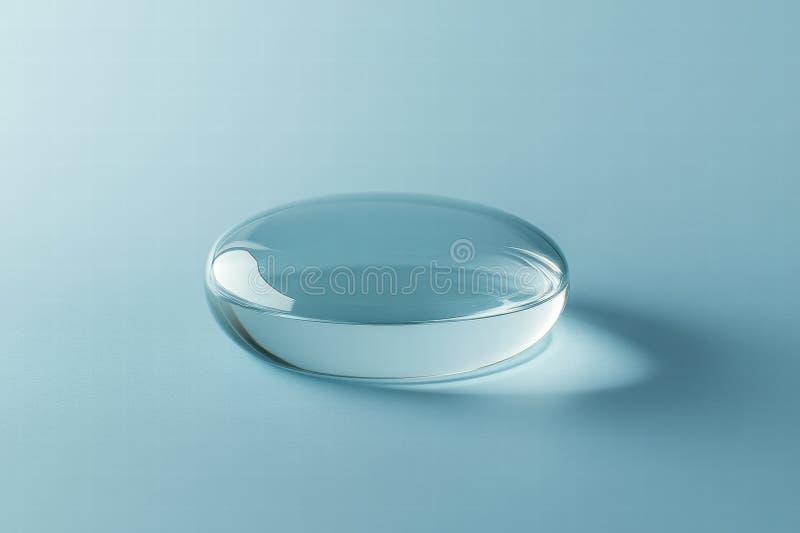 Clear Glass Disc Resting on a Soft Blue Surface Reflecting a Gentle ...