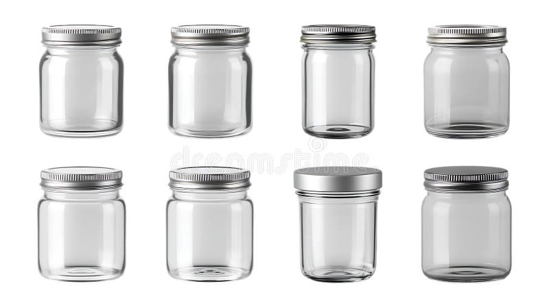 Clear Glass Jars with Assorted Lids on Transparent Background Stock ...