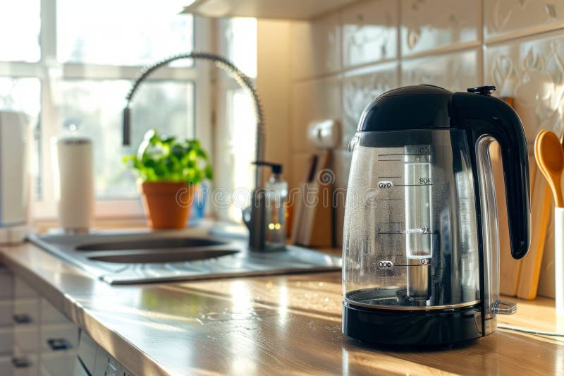 A Clear Glass Kettle Sits on a Kitchen Counter beside Fresh Herbs ...